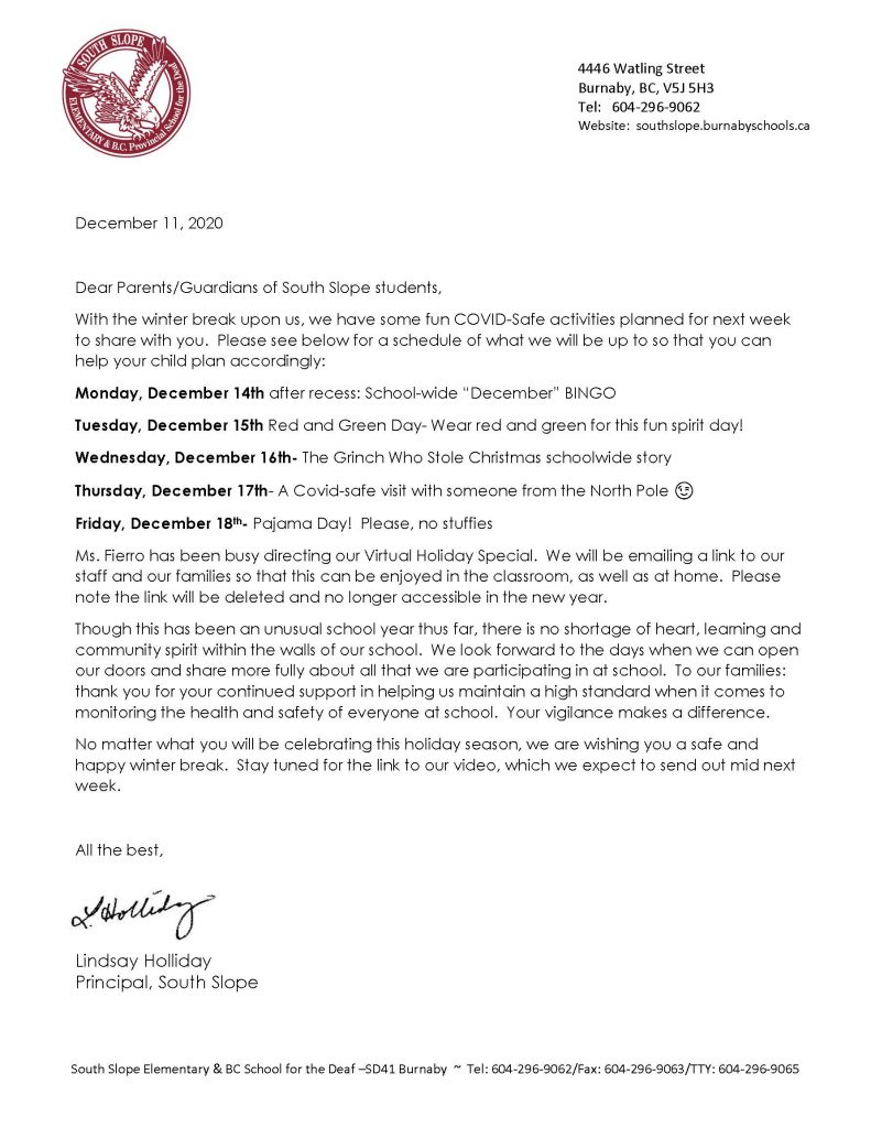 South Slope Letter & Activities next week! | South Slope & BC School ...